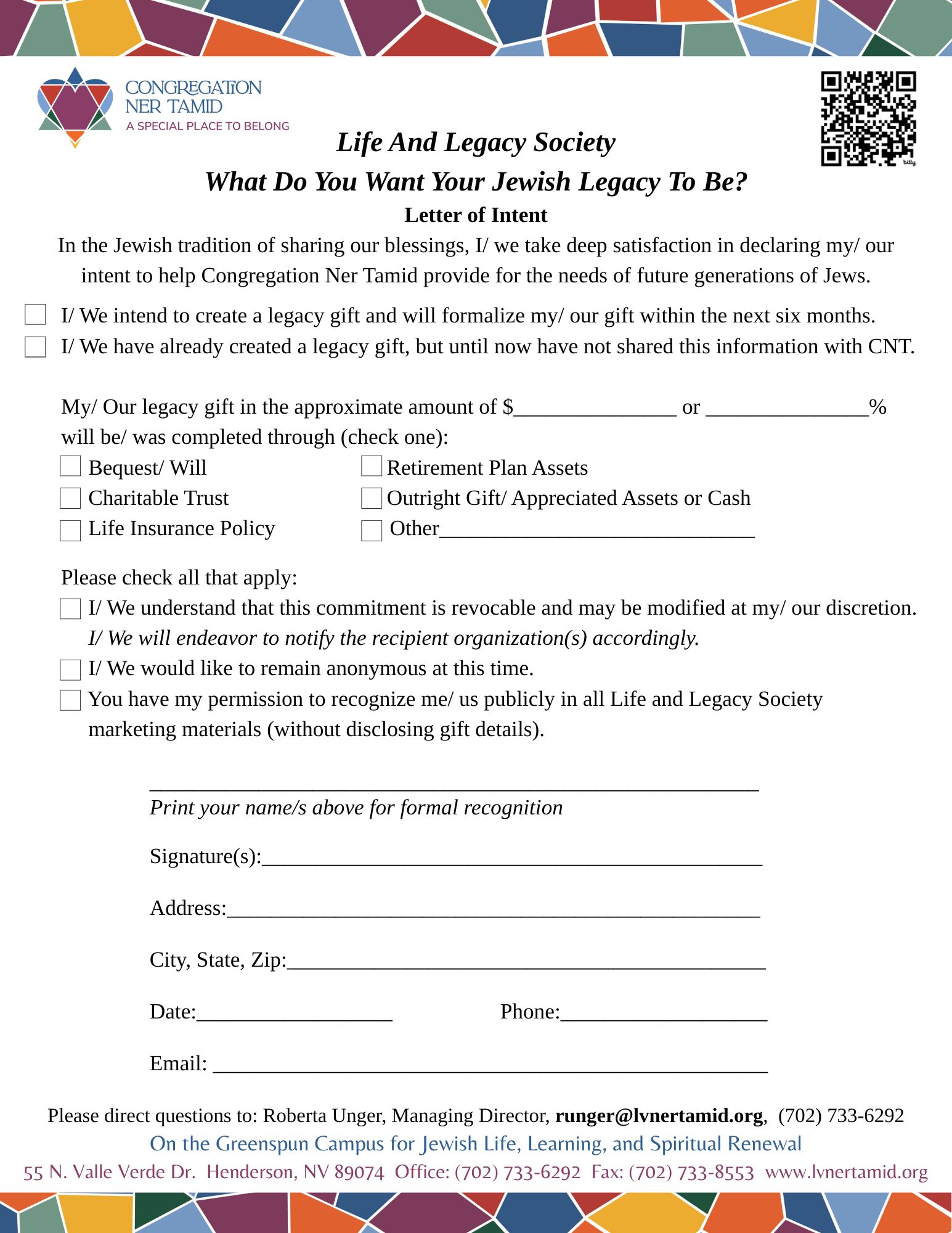 Life and Legacy Society | Congregation Ner Tamid